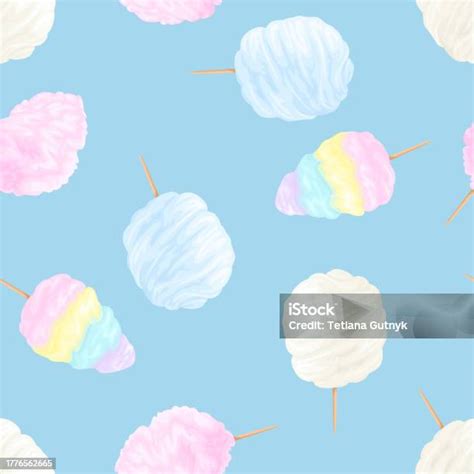 파란색 배경에 화려한 솜사탕입니다 과자 원활한 패턴 벡터 만화 그림입니다 솜사탕에 대한 스톡 벡터 아트 및 기타 이미지 솜사탕 연속무늬 배경 주제 Istock