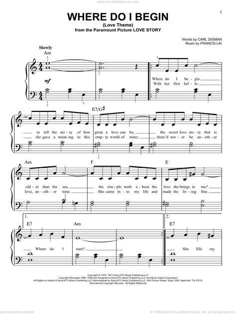 Williams Where Do I Begin Love Theme Easy Sheet Music For Piano Solo
