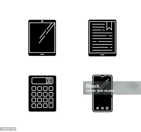 모바일 장치 검은 색 문말 아이콘 은 공백에 설정 포켓 전자 기기 스마트 기술 태블릿 전자 리더 전자 책 스마트 폰 계산기 실루엣 기호입니다 벡터 절연 그림 0명에 대한