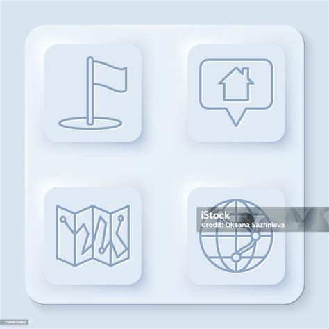 선 깃발 집이 있는 지도 포인터 위치 마커가 있는 접힌 지도 및 지구본의 위치를 설정합니다 흰색 사각형 버튼입니다 벡터 0명에 대한 스톡 벡터 아트 및 기타 이미지 Istock