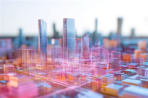 Futuristic Digital Cityscape Model With Glowing Buildings At Sunset Stock Illustration