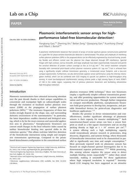 Pdf Plasmonic Interferometric Sensor Arrays For High Performance Label Free Biomolecular Detection