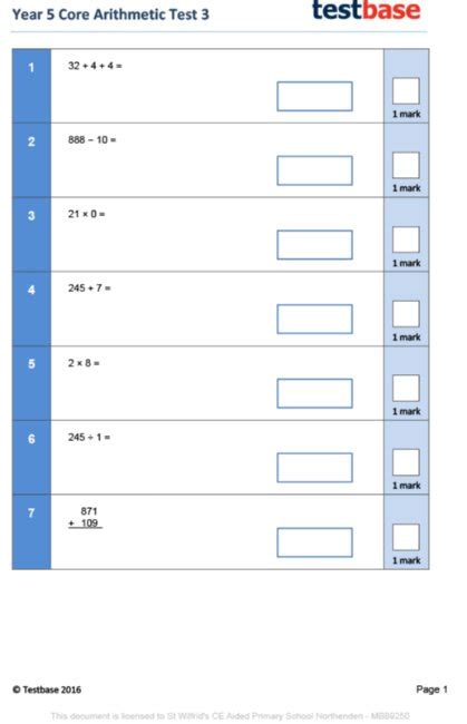 Arithmetic Tests St Wilfrids Ce Primary School