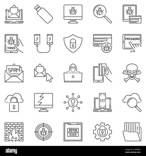 Hacker And Computer Virus Outline Icons Set Vector Cyber Security