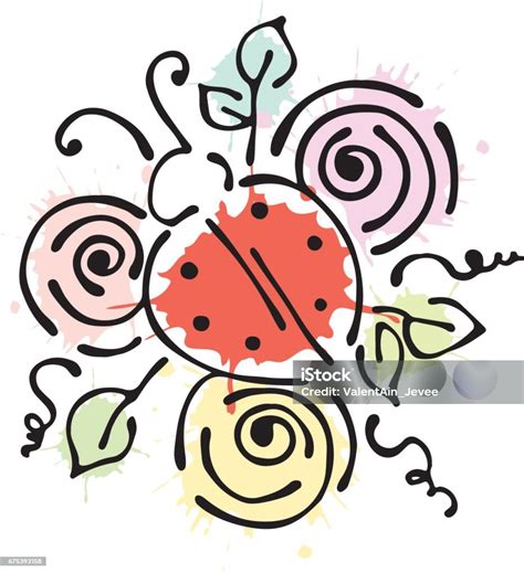 꽃 잎 장식용 무당벌레 흰색 배경 손으로 그린 등고선과 뇌졸중 낙서 스타일 그래픽 벡터 일러스트 레이 션에 고립 된 곤충과 꽃 그림을 벡터 곤충에 대한 스톡 벡터 아트 및