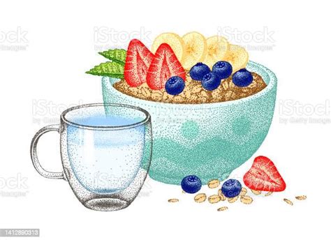 바나나 딸기 및 블루 베리와 함께 건강한 아침 식사 우유 요구르트와 함께 오트밀 죽 그라놀라 그릇 Muesli 플레이크 귀리 곡물 벡터 스케치 오트밀에 대한 스톡 벡터 아트