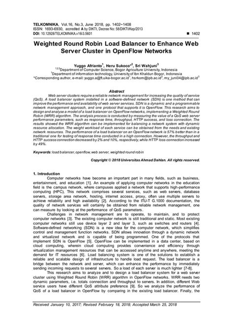 Weighted Round Robin Load Balancer To Enhance Web Server Cluster In Openflow Networks Pdf