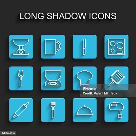 세트 라인 롤링 핀 포크 전자 저울 트레이 전기 믹서 프라이팬 및 요리사 모자 아이콘으로 덮여 있습니다 벡터 가리기에 대한 스톡 벡터 아트 및 기타 이미지 Istock