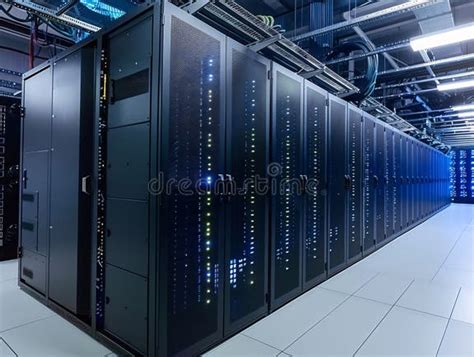 Computer Cluster Of Servers In Data Center Lined Up With Electrical Wiring Stock Illustration