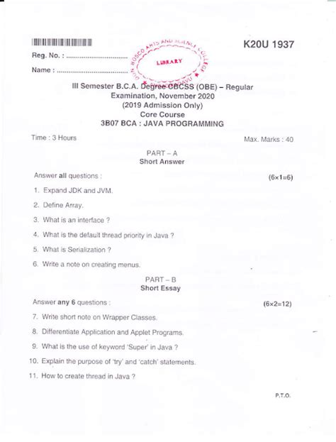 Kannur University B C A Core Course Third Semester Java Programming November Question