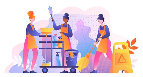 청소 서비스 직원 청소 용품 양동이와 걸레 스펀지와 브러시를 들고 제복을 입은 여성들 청결과 위생 일상적이고 집안일 플랫 벡터 일러스트 레이 션 가사 집안일에 대한 스톡