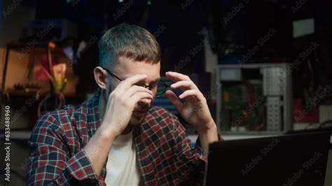Hacker Using Laptop Young Man Thinking About Developing Program