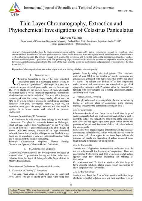 Thin Layer Chromatography Extraction And Phytochemical Investigations Of Celastrus Paniculatus
