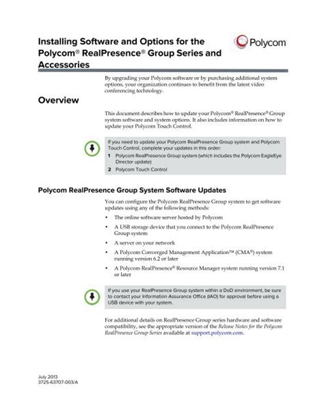 Installing Software And Options For The Polycom Support
