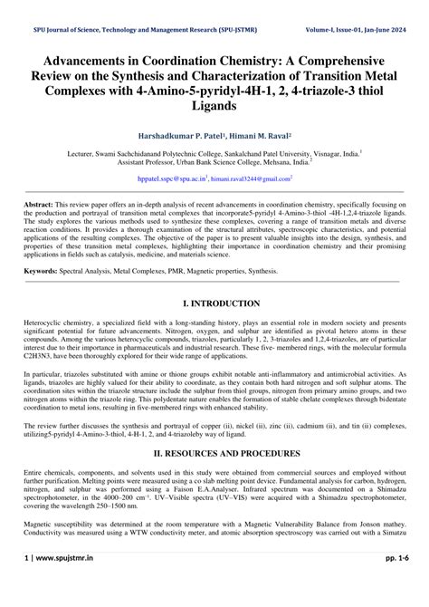 Pdf Advancements In Coordination Chemistry A Comprehensive Review On The Synthesis And