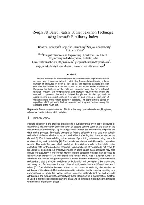 Pdf Rough Set Based Feature Subset Selection Technique Using Jaccard