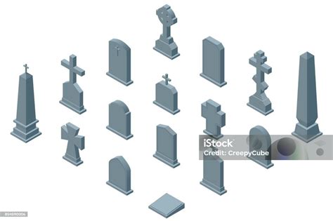 흰색 배경에 고립 된 묘비의 집합입니다 아이소메트릭 벡터 일러스트 레이 션 등측투영법에 대한 스톡 벡터 아트 및 기타 이미지