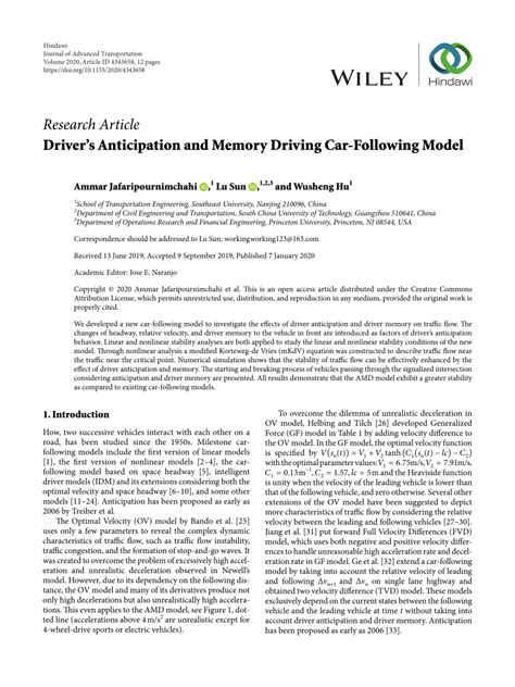 Pdf Drivers Anticipation And Memory Driving Car Following Model