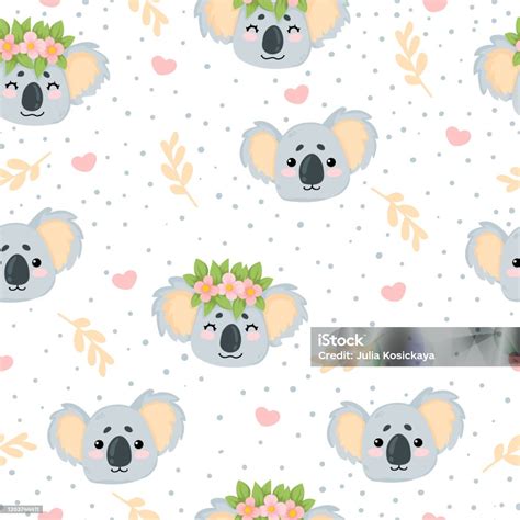 벡터 손으로 그려진 귀여운 코알라 곰 얼굴 만화 스타일에 흰색 배경에 점과 잎 재미있는 코알라 얼굴과 반복 배경 섬유 및 인쇄 디자인에 가장 적합합니다 0명에 대한 스톡