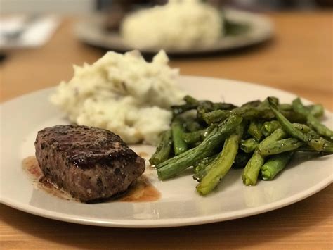 Delicious Filet Mignon With Roasted Green Beans And Homemade Mashed