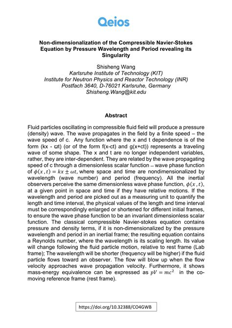 Pdf Non Dimensionalization Of The Compressible Navier Stokes Equation By Pressure Wavelength