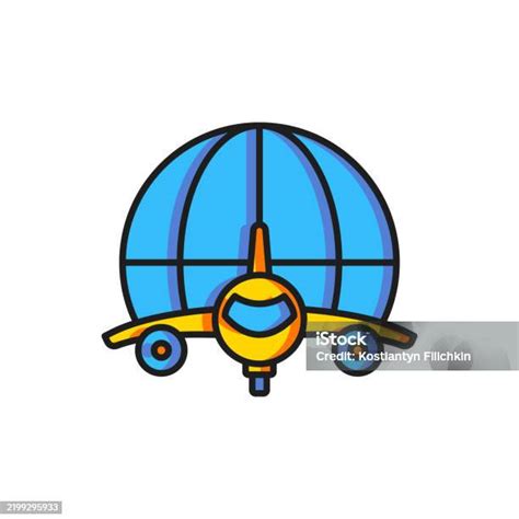 색깔 지구본 와 비행 비행기 아이콘 와 백색 배경 고립된 통하고 있는 비행기는 행성 지구 주위를 날아갑니다 항공기 세계 아이콘입니다 그림자가 있는 평면으로 채워진 윤곽선