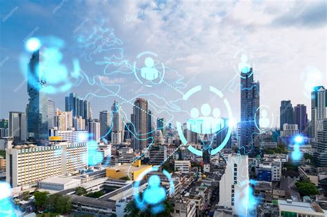 방콕 아시아의 파노라마 도시 전망을 통해 소셜 미디어 아이콘 홀로그램 사람들 네트워킹 및 연결의 개념 이중 노출 프리미엄 사진