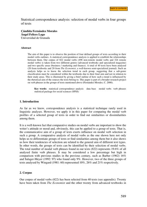 Pdf Statistical Correspondence Analysis Selection Of Modal Verbs In