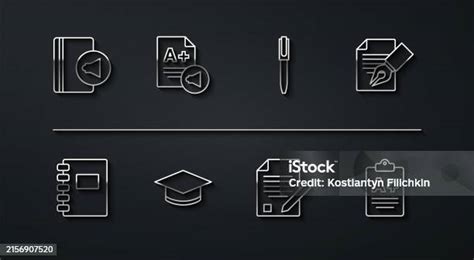 라인 오디오 북 나선형 노트북 시험지 및 연필 졸업 모자 플러스 등급 및 펜 아이콘을 설정합니다 벡터 검은색에 대한 스톡 벡터 아트 및 기타 이미지 Istock