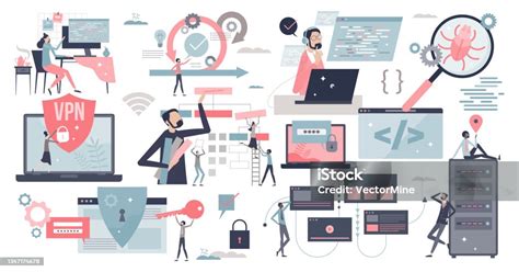 보안 네트워크 작은 사람 수집 세트를 위한 코딩 및 프로그래밍 요소 가상현실에 대한 스톡 벡터 아트 및 기타 이미지 가상현실