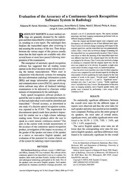 Pdf Evaluation Of The Accuracy Of A Continuous Speech Recognition Software System In Radiology