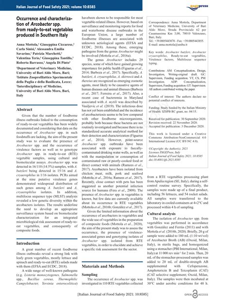 Pdf Occurrence And Characterization Of Arcobacter Spp From Ready To