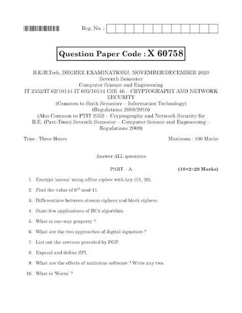 Anna University It 2352 It 62 10144 It 603 10144 Cse 46 Cryptography