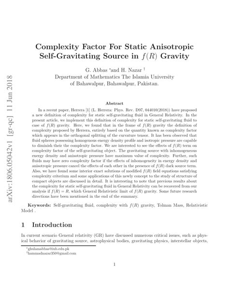 Pdf Complexity Factor For Static Anisotropic Self Gravitating Source In Fr Gravity