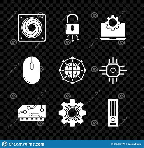 Set Computer Cooler Lock On Digital Circuit Board Laptop And Gear RAM Random Access Memory