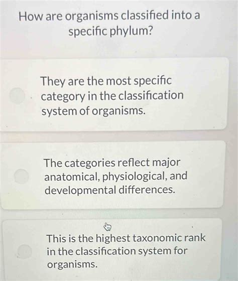 Solved How Are Organisms Classified Into A Specific Phylum They Are