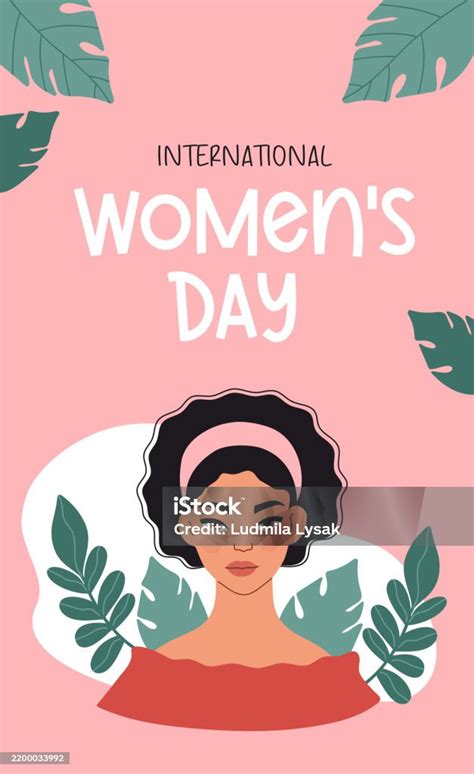 여성의 날 3월 8일 분홍색 배경에 나뭇잎이 있는 예쁜 곱슬 여자 초상화입니다 국제 공휴일 세로 포스터입니다 벡터 일러스트 레이 션 축하와 페미니즘 개념 3월에 대한 스톡