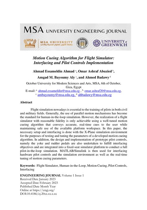 Pdf Motion Cueing Algorithm For Flight Simulator Interfacing And Pilot Controls Implementation