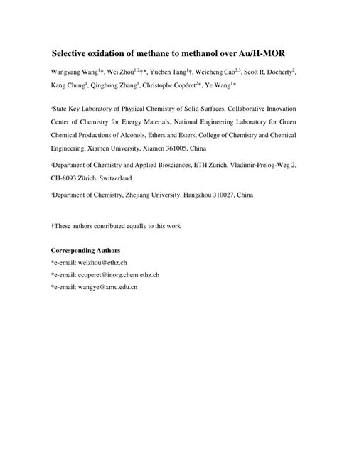 Pdf Selective Oxidation Of Methane To Methanol Over Au H Mor