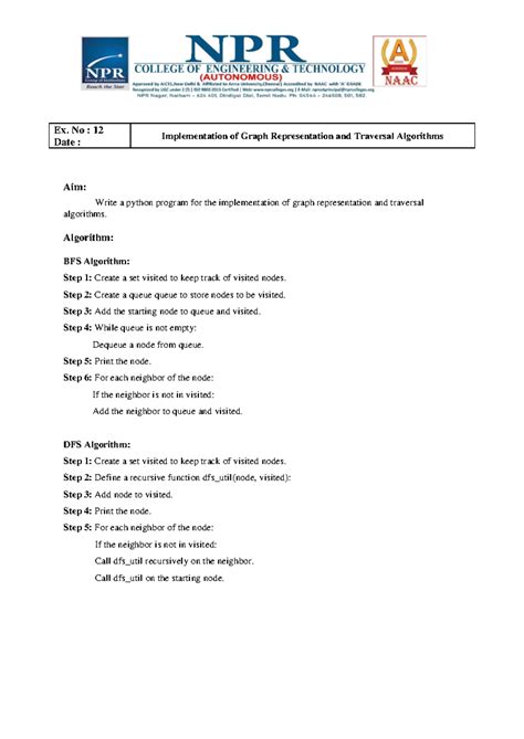 dsa lab experiments 12 and 13 ex no 12 date implementation of graph representation and