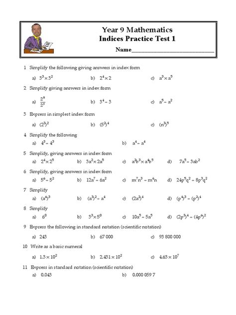Year 9 Mathematics Indices Practice Test 1 Name Pdf
