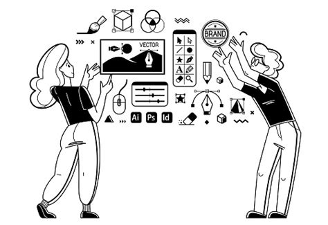 창의적인 프로젝트 벡터 윤곽선 일러스트레이션을 작업하는 그래픽 디자이너 팀은 Pc 소프트웨어에서 시각적 작업 작곡 및 편집을