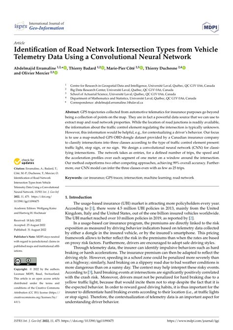 Pdf Identification Of Road Network Intersection Types From Vehicle Telemetry Data Using A