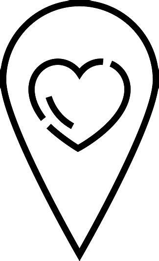 검은 색 얇은 선으로 그려진 벡터 기호입니다 기사 서적 상점 상점에 완벽한 간단한 흑백 기호 지리적 위치 기호 내부의 심장의 선 아이콘 거미줄에 대한 스톡 벡터 아트 및