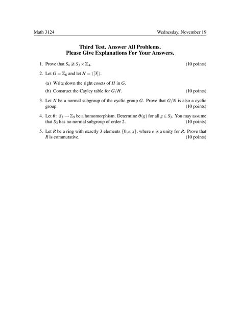 Exam 3 With Five Questions For Modern Algebra Math 3124 Docsity