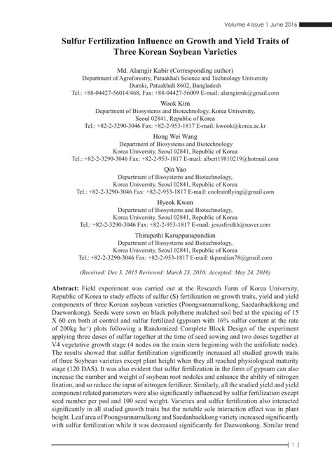 Pdf Sulfur Fertilization Influence On Growth And Yield Traits Of Three Korean Soybean Varieties