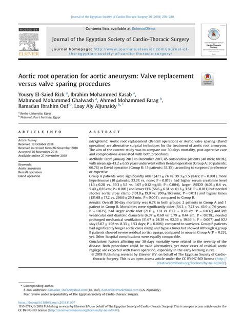 Pdf Aortic Root Operation For Aortic Aneurysm Valve Replacement Versus Valve Sparing Procedures