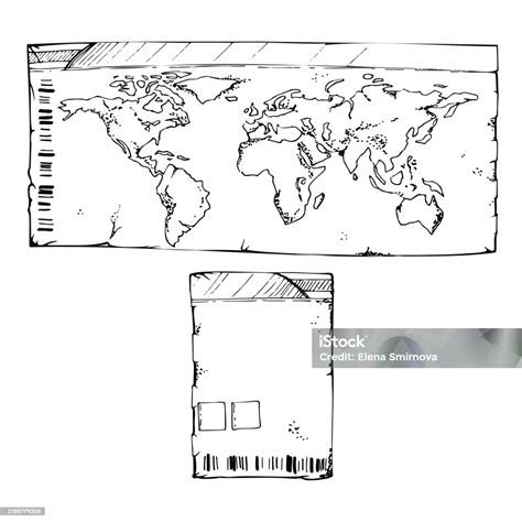 다국적 세계 신분증 지도가 있는 비행기 기차 페리 티켓 쿠폰 허가증 벡터 잉크 손으로 그린 빈티지 그림입니다 관광 여행 브로셔 결혼식 가이드 인쇄 카드 문신을위한 디자인
