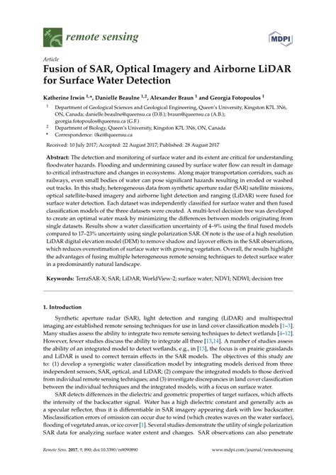 Pdf Fusion Of Sar Optical Imagery And Airborne Lidar For Surface Water Detection