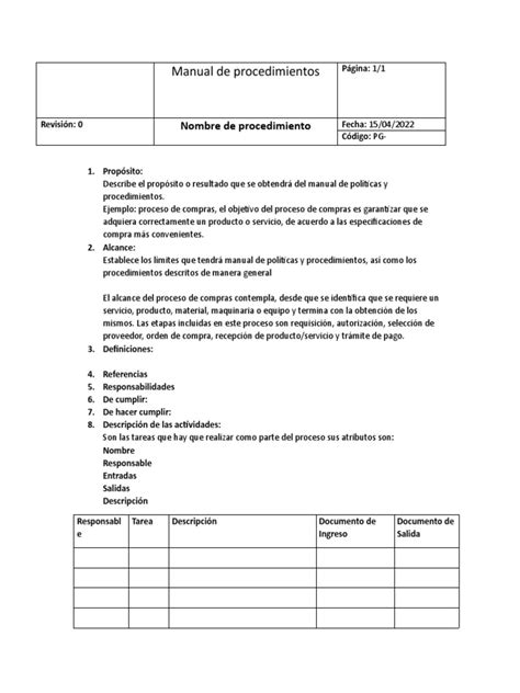 Manual De Procedimientos Plantilla Pdf